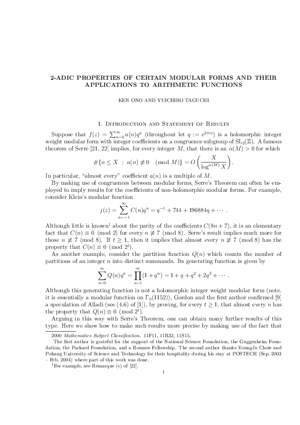 Pdf 2 Adic Properties Of Certain Modular Forms And Their Applications To Arithmetic Functions 4633