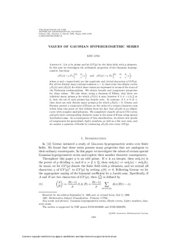 (PDF) Values of Gaussian Hypergeometric Series | Ken Ono - Academia.edu