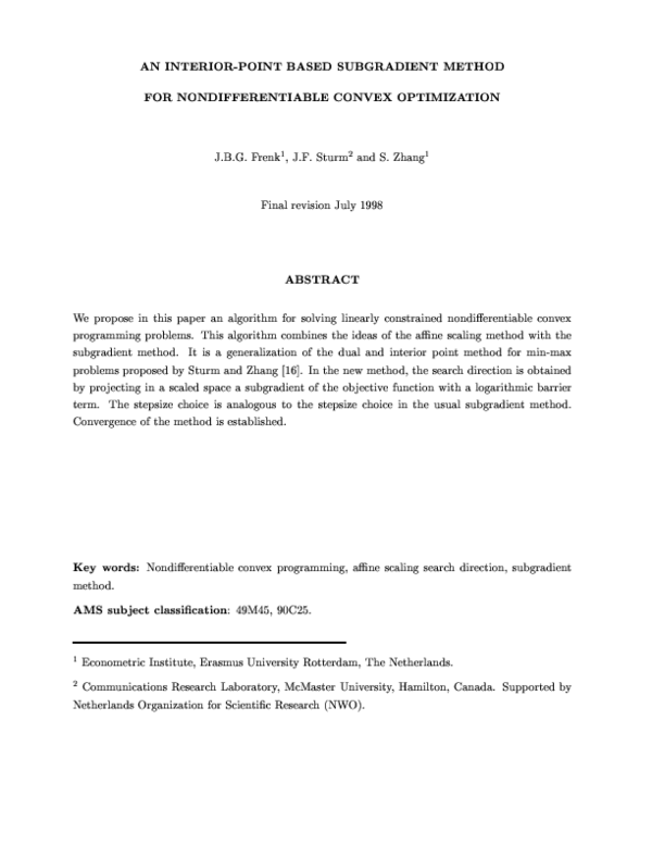 Pdf An Interior Point Based Subgradient Method For Nondifferentiable Convex Optimization