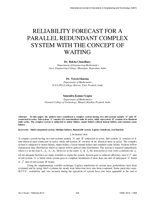(PDF) Reliability Forecast for a Parallel Redundant Complex System with the Concept of Waiting