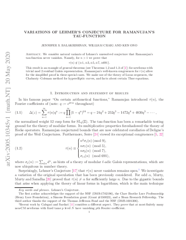 (PDF) Variations of Lehmer's Conjecture for Ramanujan's tau-function