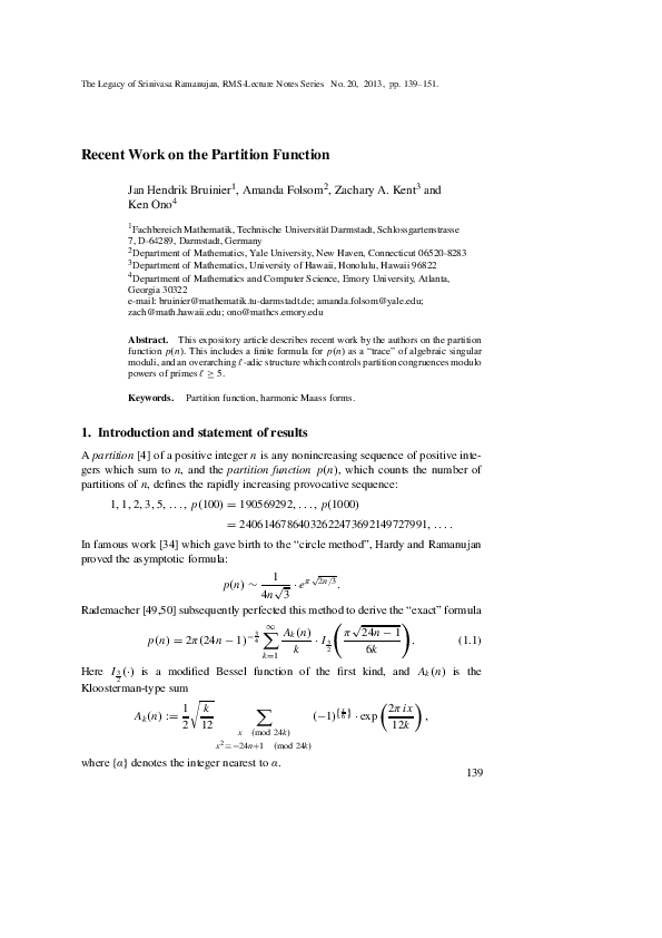 (PDF) Recent Work on the Partition Function