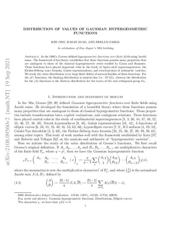 (PDF) Distribution of values of Gaussian hypergeometric functions