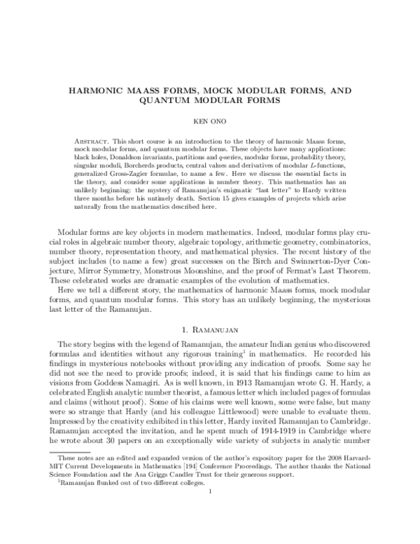 (PDF) Harmonic Maass Forms , Mock Modular Forms , and Quantum Modular Forms | Ken Ono - Academia.edu