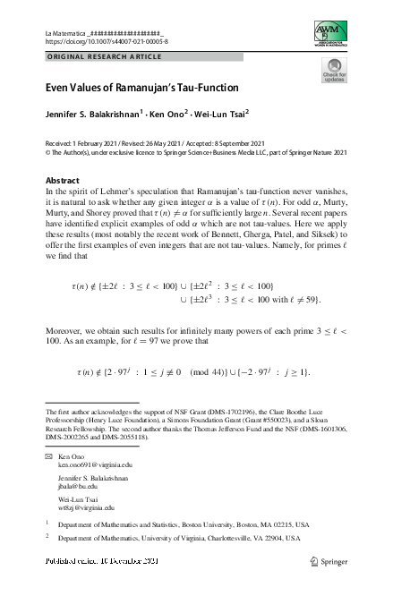 (PDF) Even Values of Ramanujan’s Tau-Function | Ken Ono - Academia.edu