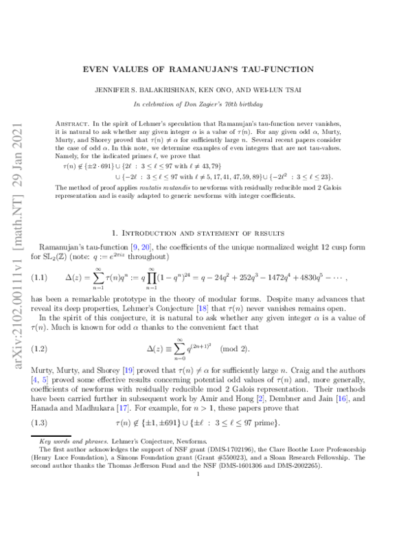 (PDF) Even values of Ramanujan's tau-function | Ken Ono - Academia.edu