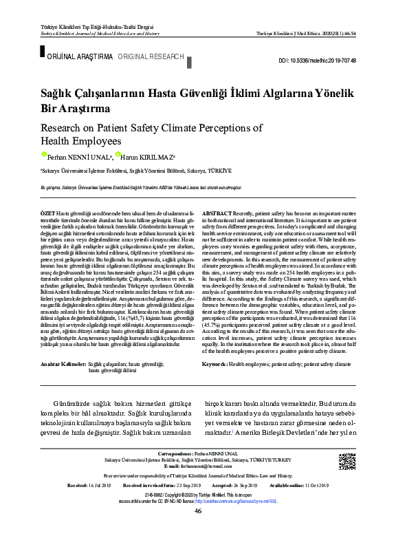 (PDF) Research on Patient Safety Climate Perceptions of Health Employees