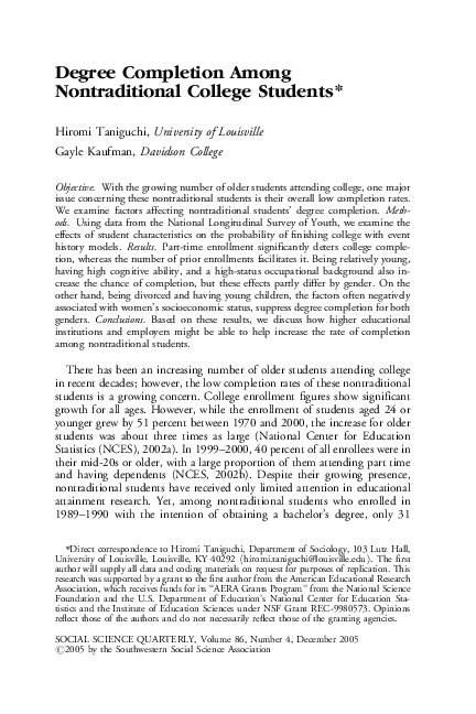 (PDF) Degree Completion Among Nontraditional College Students*