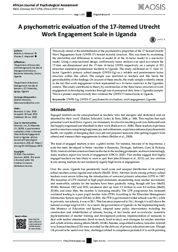 (PDF) A psychometric evaluation of the 17-itemed Utrecht Work ...