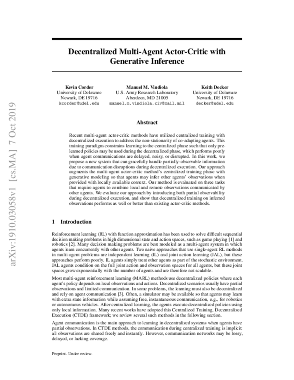 (PDF) Decentralized Multi-Agent Actor-Critic with Generative Inference