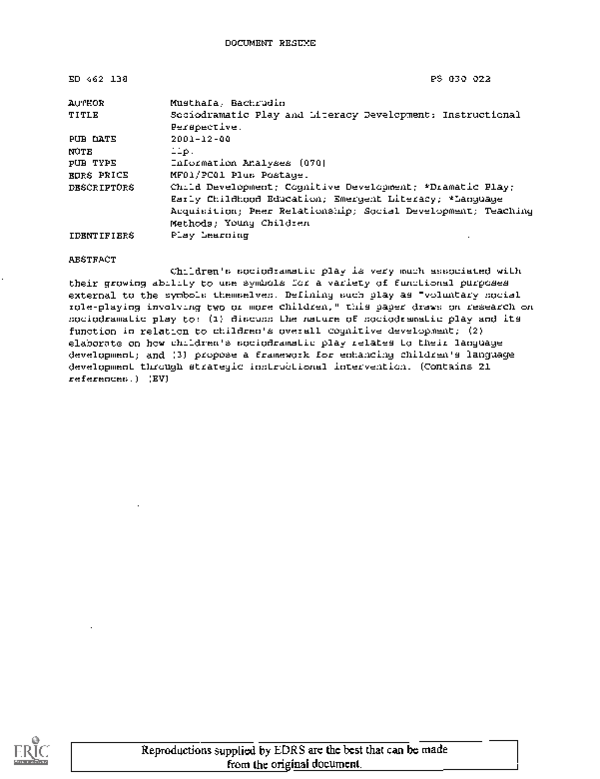 (PDF) Sociodramatic Play and Literacy Development: Instructional ...