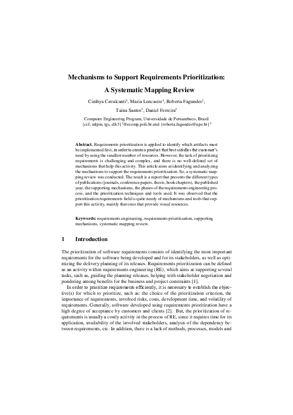 (PDF) Mechanisms to Support Requirements Prioritization: A Systematic Mapping Review