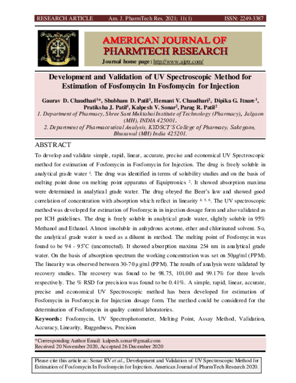 (PDF) Development and Validation of UV Spectroscopic Method for Estimation of Fosfomycin In ...