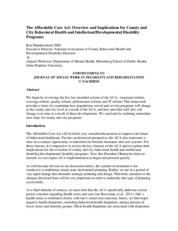 (PDF) The Affordable Care Act: Overview and Implications for County and City Behavioral Health ...