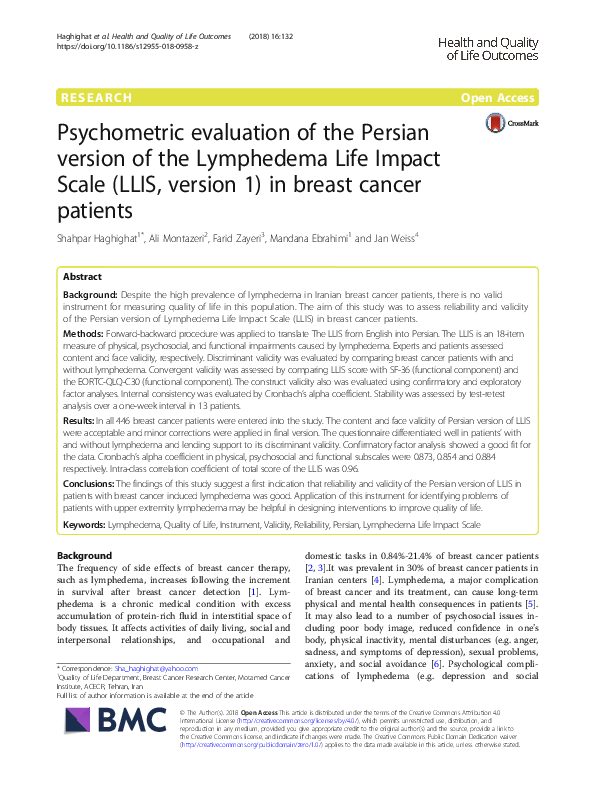 (PDF) Psychometric evaluation of the Persian version of the Lymphedema ...