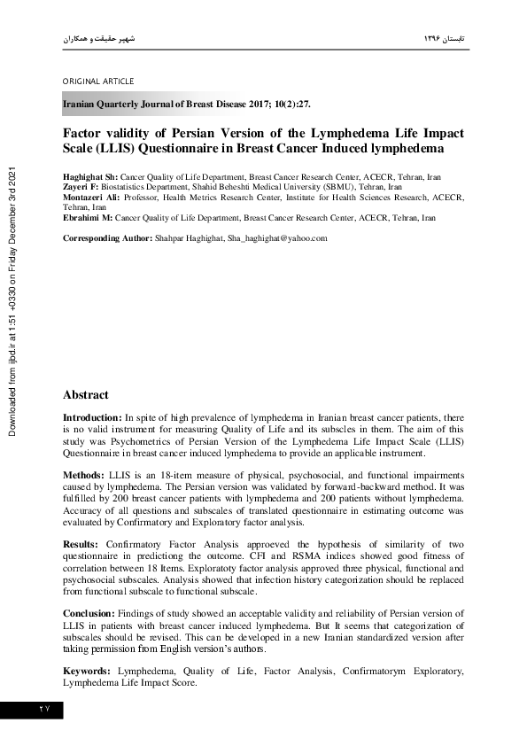 (PDF) Factor validity of Persian Version of the Lymphedema Life Impact ...