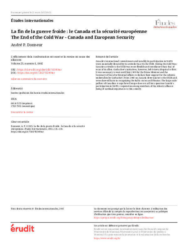(PDF) La fin de la guerre froide : le Canada et la sécurité européenne