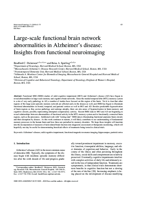 (PDF) Large-Scale Functional Brain Network Abnormalities in Alzheimer’s Disease: Insights from ...