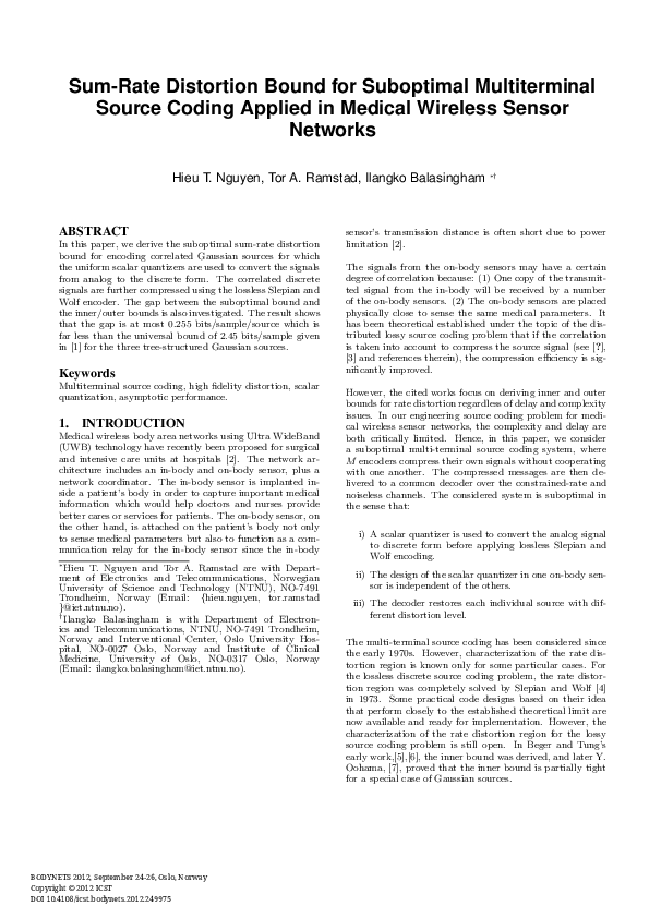Pdf Sum Rate Distortion Bound For Suboptimal Multiterminal Source Coding Applied In Medical