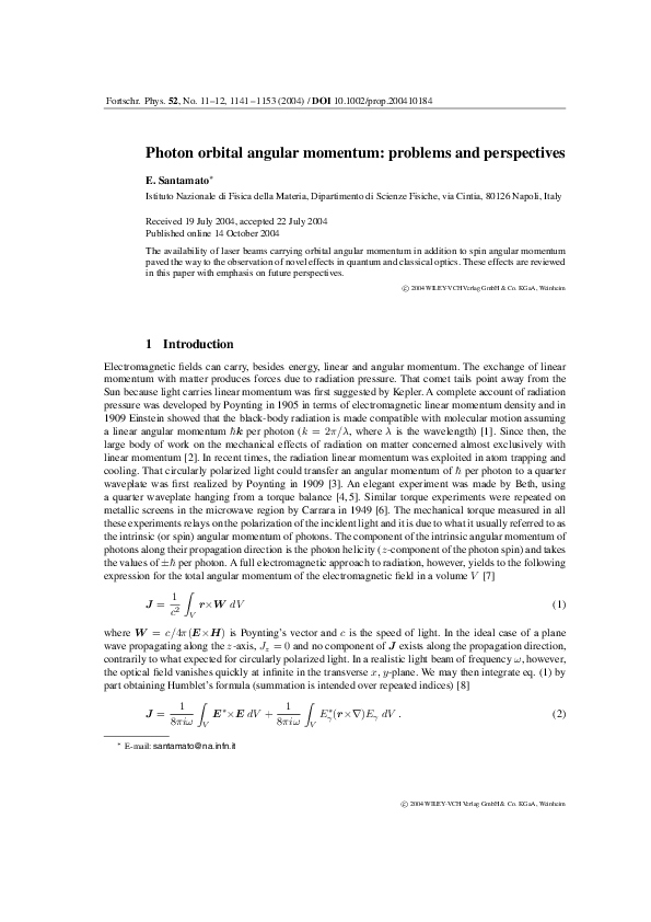 (PDF) Photon orbital angular momentum: problems and perspectives