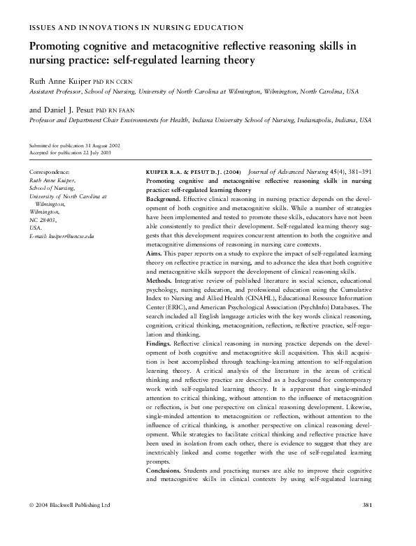 Pdf Promoting Cognitive And Metacognitive Reflective Reasoning Skills In Nursing Practice
