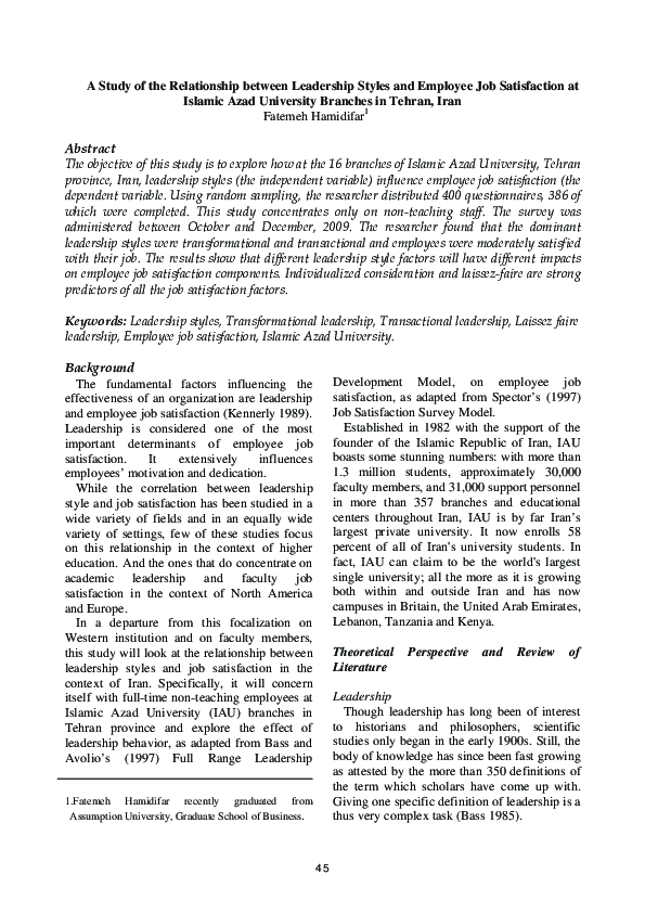 (PDF) A study of the relationship between leadership styles and employee job satisfaction at ...
