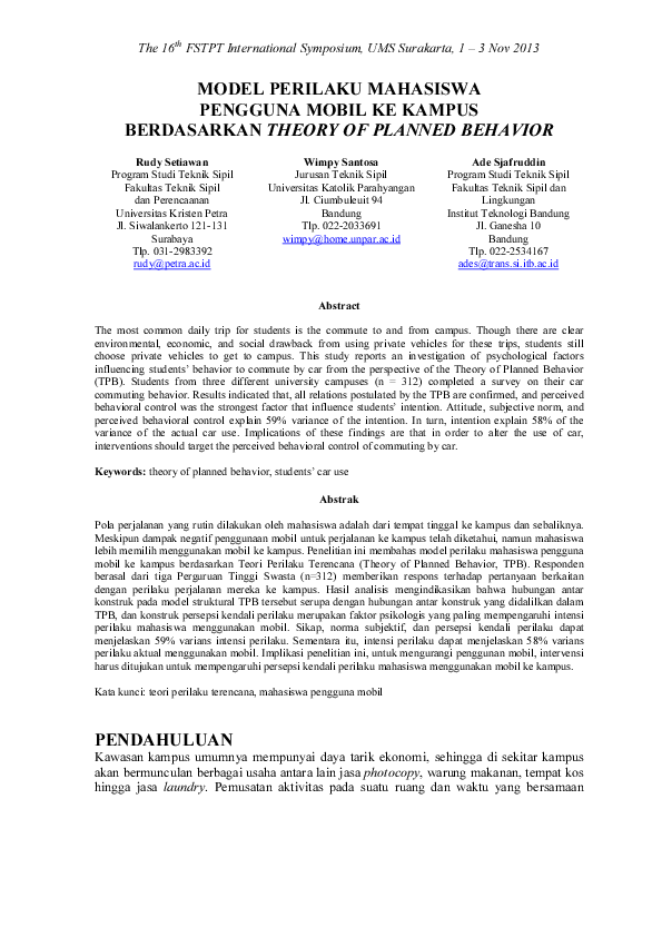 (PDF) Model Perilaku Mahasiswa Pengguna Mobil Ke Kampus Berdasarkan ...