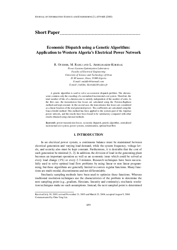 (PDF) Economic Dispatch using a Genetic Algorithm: Application (PDF) Economic Dispatch using a Genetic Algorithm: Application