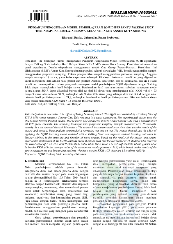 (PDF) PENGARUH PENGGUNAAN MODEL PEMBELAJARAN SQ4R DIPERBANTU TALKING STICK TERHADAP HASIL ...