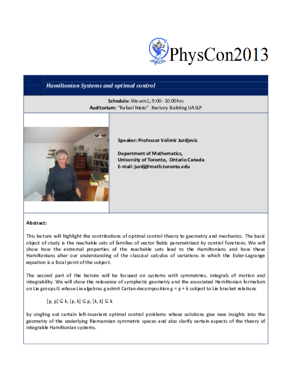 (PDF) Hamiltonian systems and optimal control