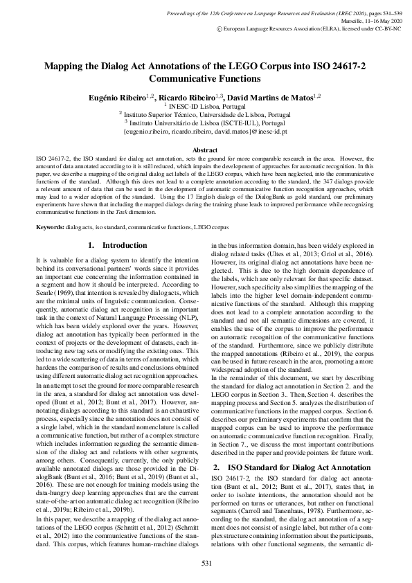 (PDF) Mapping the Dialog Act Annotations of the LEGO Corpus into ISO ...