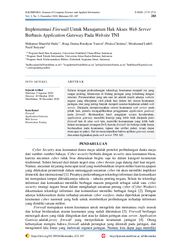 (PDF) Implementasi Firewall Untuk Manajemen Hak Akses Web Server Berbasis Application Gateway ...