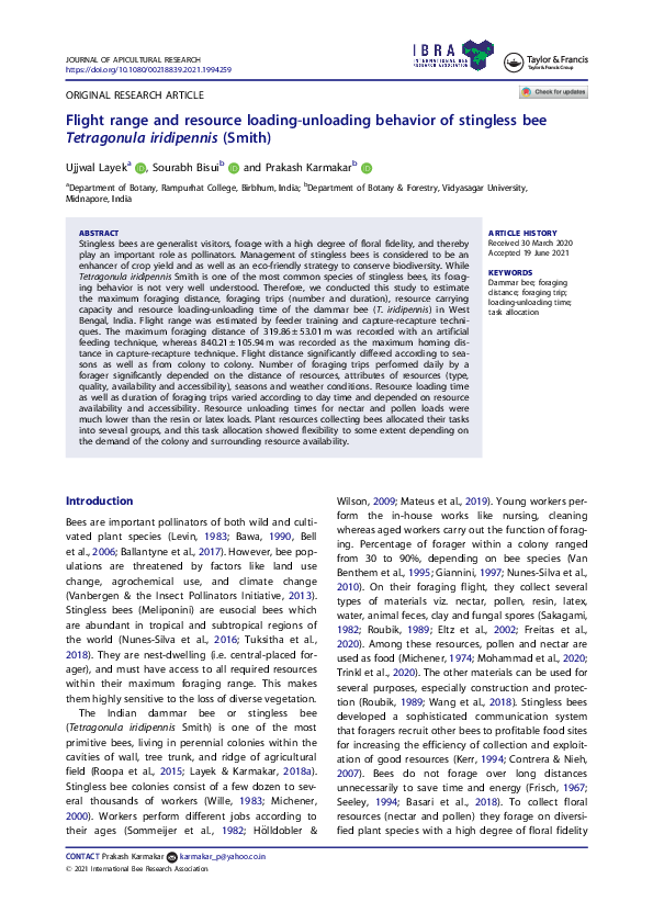 (PDF) Flight range and resource loading-unloading behavior of stingless bee Tetragonula ...