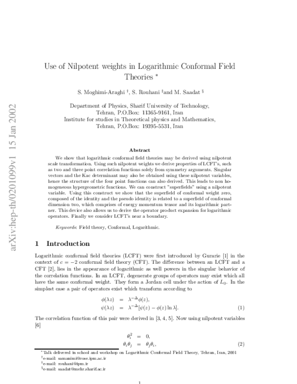 (PDF) Use of Nilpotent weights in Logarithmic Conformal Field Theories