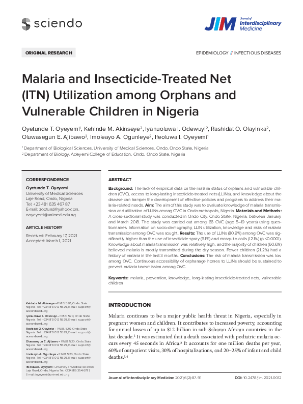 (PDF) Malaria and Insecticide-Treated Net (ITN) Utilization among ...