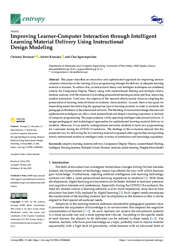 (PDF) Improving Learner-Computer Interaction through Intelligent Learning Material Delivery ...