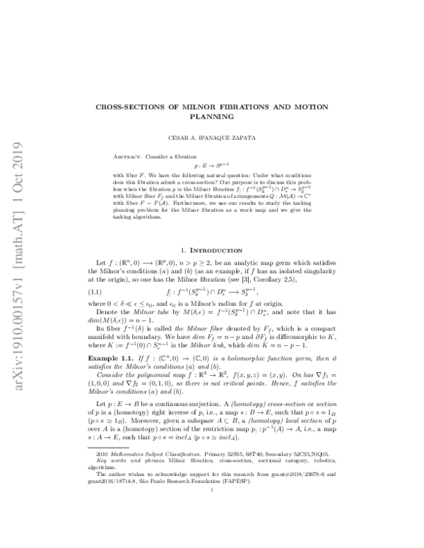 (PDF) Cross-sections of Milnor fibrations and Motion planning