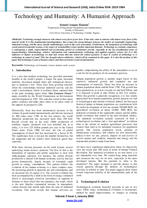 (PDF) Technology and Humanity: A Humanist Approach