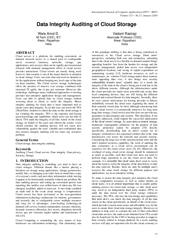 (PDF) Data Integrity Auditing of Cloud Storage