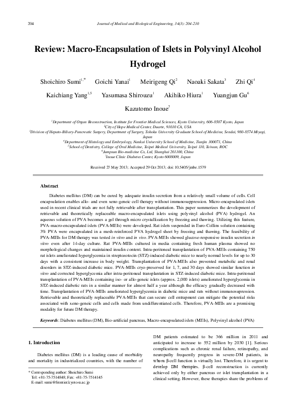 (PDF) Review: Macro-Encapsulation of Islets in Polyvinyl Alcohol Hydrogel