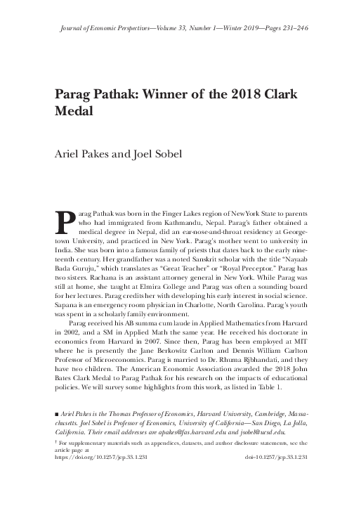 (PDF) Parag Pathak: Winner of the 2018 Clark Medal
