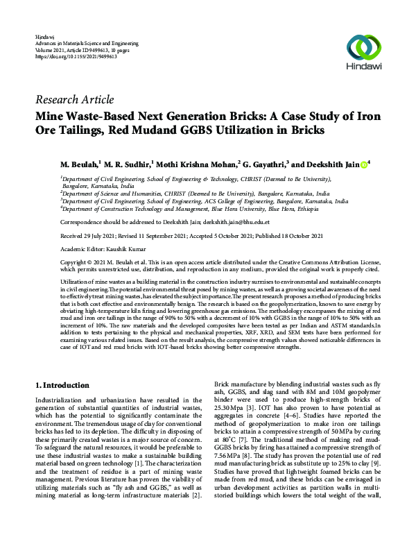 (PDF) Mine Waste-Based Next Generation Bricks: A Case Study of Iron Ore ...