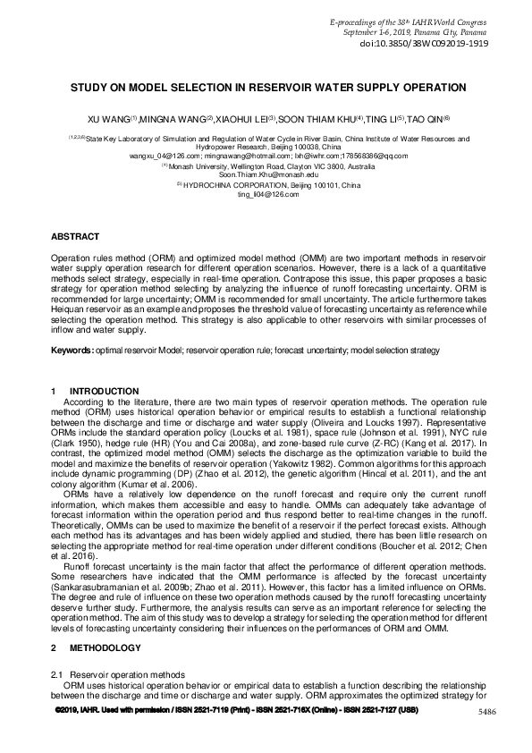 (PDF) Study on Model Selection in Reservoir Water Supply Operation