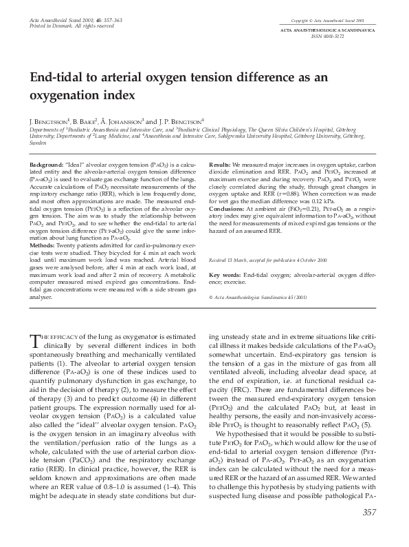 (PDF) End-tidal to arterial oxygen tension difference as an oxygenation ...