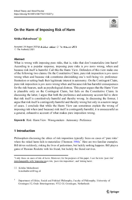 (PDF) On the Harm of Imposing Risk of Harm