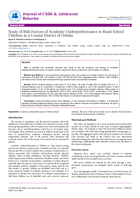 (PDF) Study of Risk Factors of Academic Underperformance in Rural ...