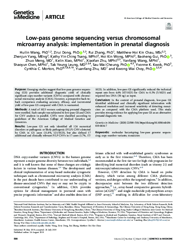 Pdf Low Pass Genome Sequencing Versus Chromosomal Microarray Analysis 7192