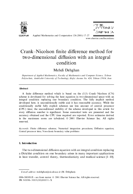 (PDF) Crank–Nicolson finite difference method for two-dimensional diffusion with an integral ...