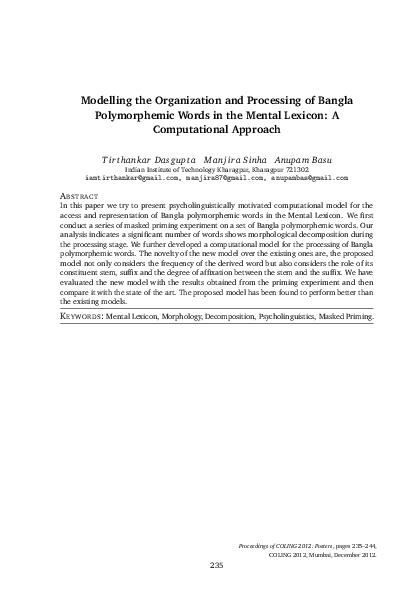 (PDF) Modelling the Organization and Processing of Bangla Polymorphemic ...