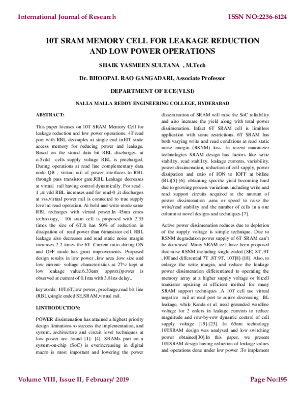 (PDF) 10 T Sram Memory Cell for Leakage Reduction and Low Power Operations